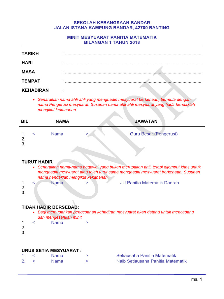 Contoh Format Minit Mesyuarat | PDF