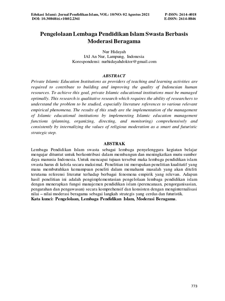 Pengelolaan Lembaga Pendidikan Islam Swasta Berbasis Moderasi Beragama | PDF