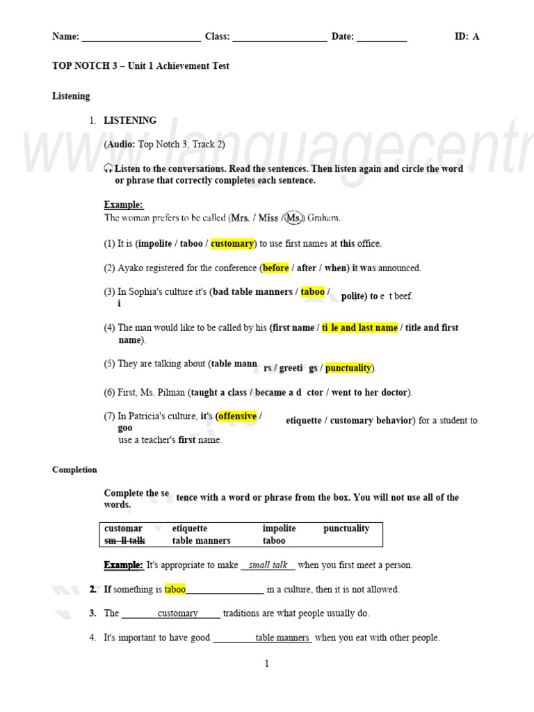 Top Notch 3 Unit 1 Test Guide | PDF | Human Communication | Linguistics