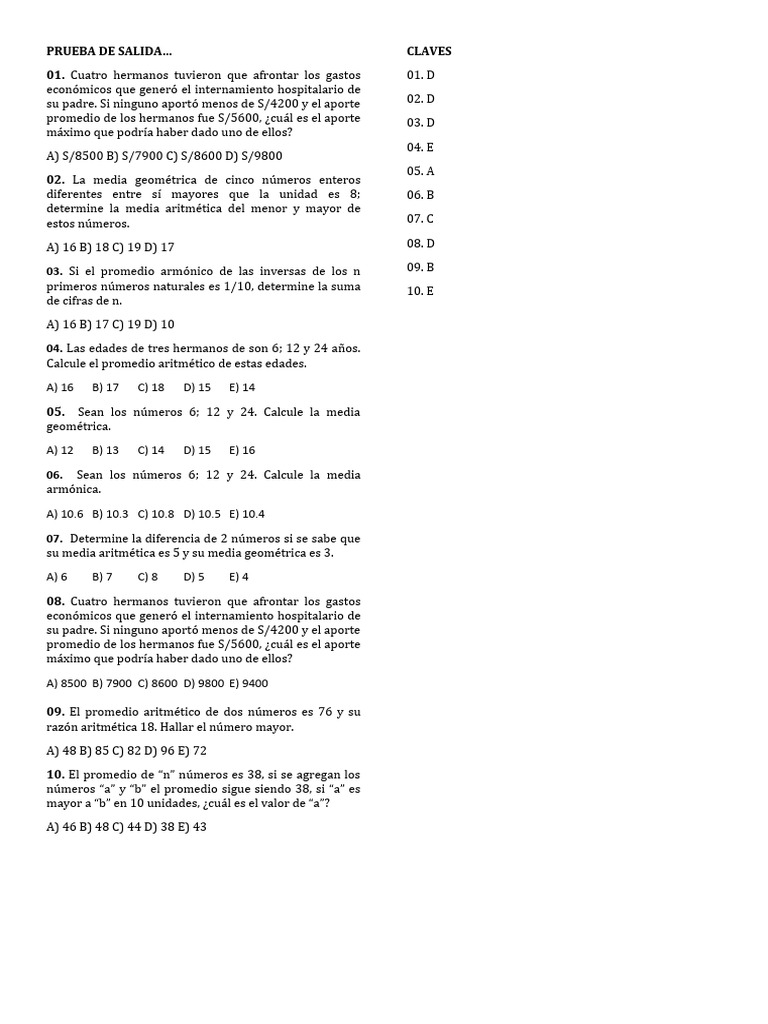 PRUEBA DE SALIDA - ARITMÉTICA... | PDF