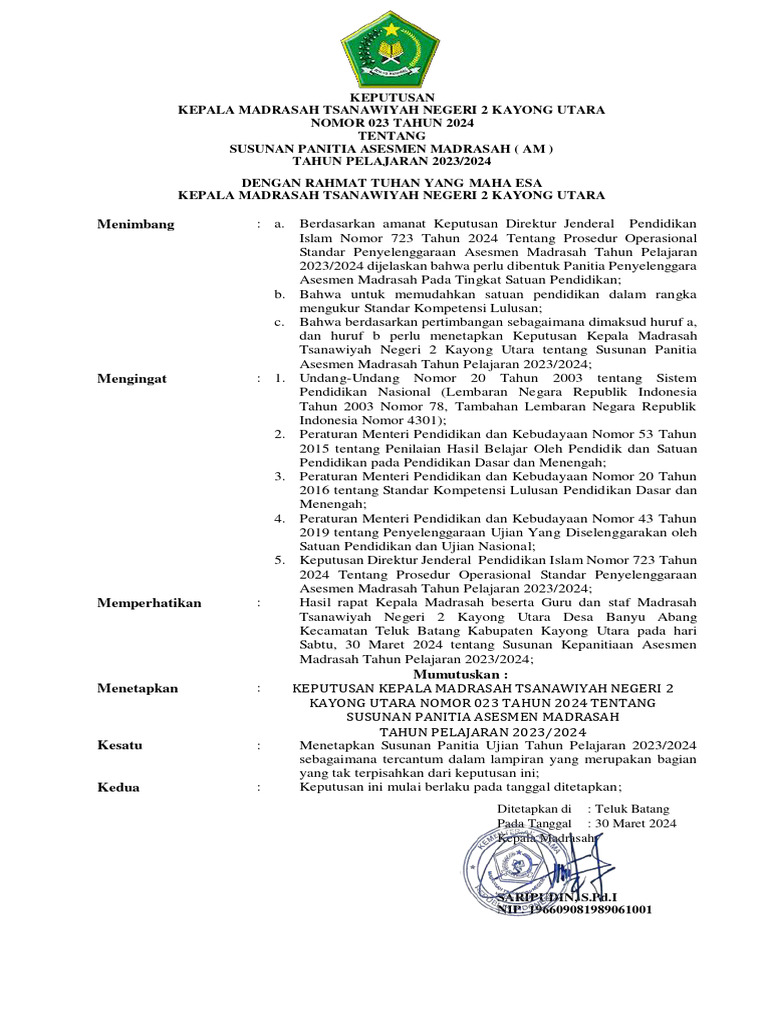 SK PANITIA ASESMEN MADRASAH 2023-2024 | PDF