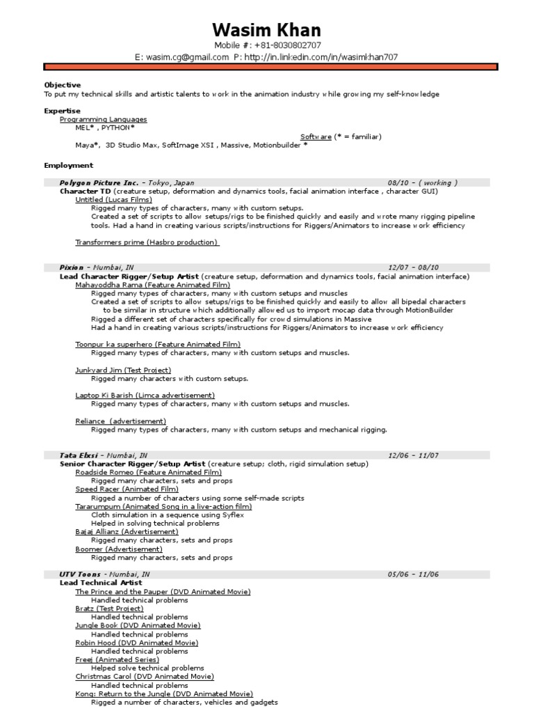 Wasim Khan CharacterTD2011 Resume | PDF | Scripting Language | Animation