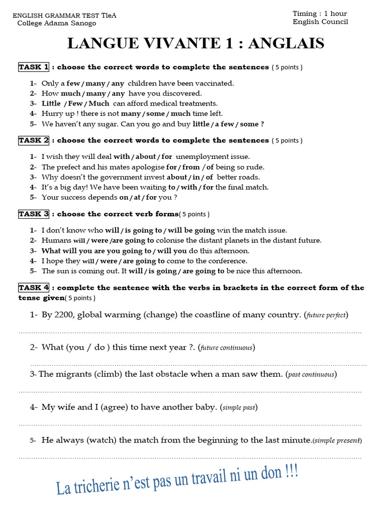 DEVOIR DE GRAMMAIRE Tle | PDF | Linguistic Typology | Language Families