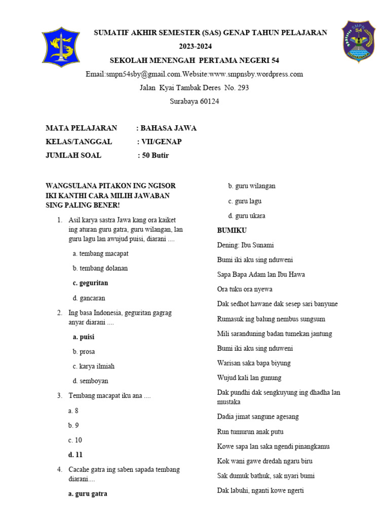 Soal Sas Genap BJW 7 | PDF