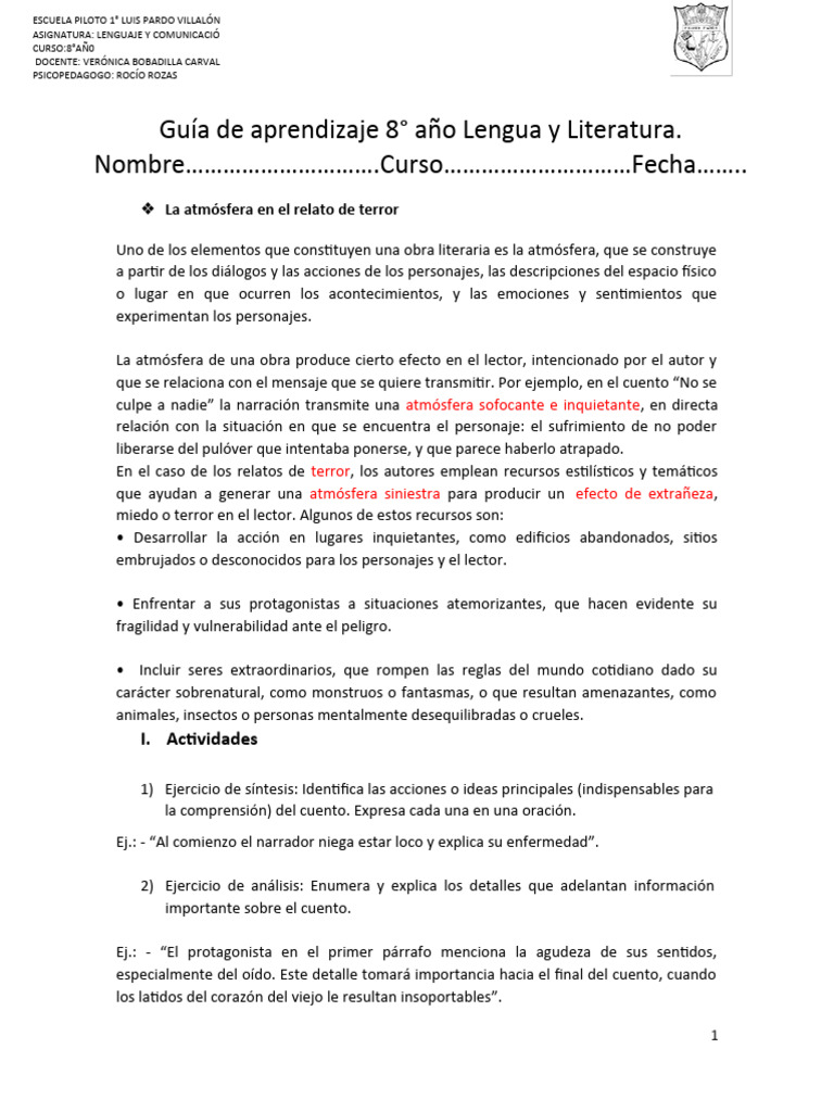 8° Básico - Guía de Aprendizaje - Lengua y Literatura | PDF