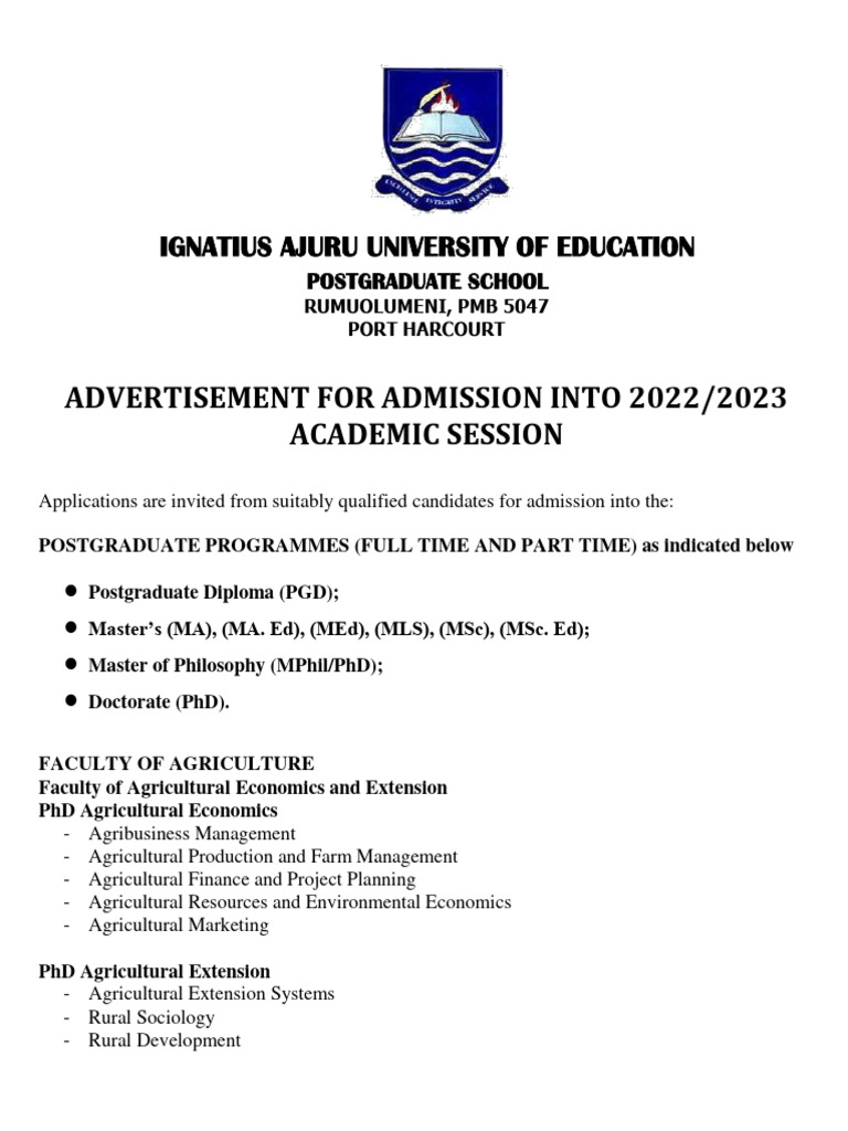 Post Graduate Admission Advert For 2022 - 2023 | PDF | Science ...