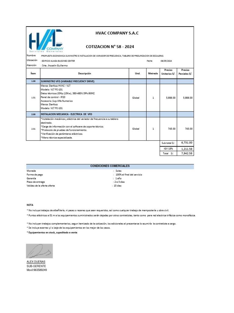 Presupuesto Suminitro Instalación VFD Danfoss Edificio Aliaga Bussines Center | PDF