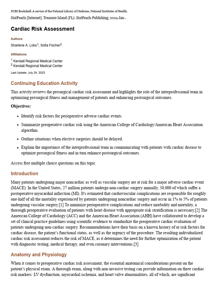Cardiac Risk Assessment - StatPearls - NCBI Bookshelf | PDF | Heart ...