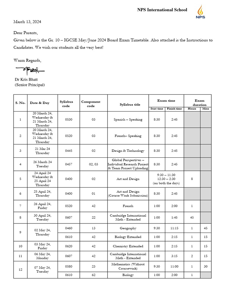 Grade 10 IGCSE Board Exam May - June 2024 Date Sheet - 240314 - 093457 ...