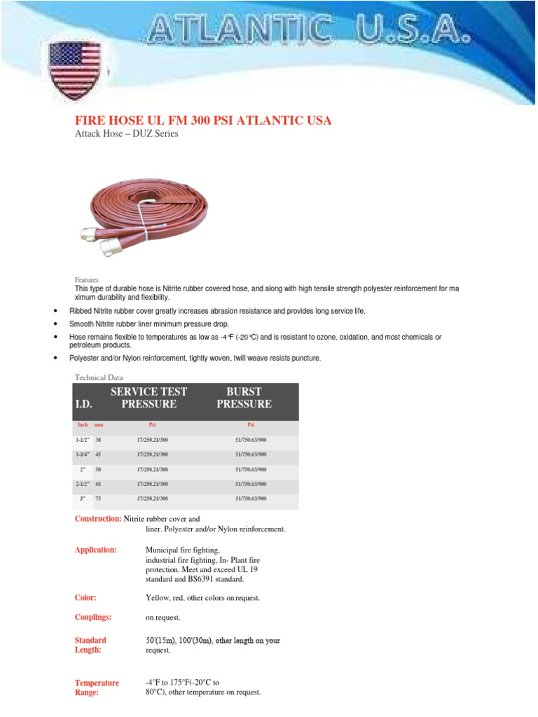 Durable Fire Hose 300 PSI Specifications | PDF