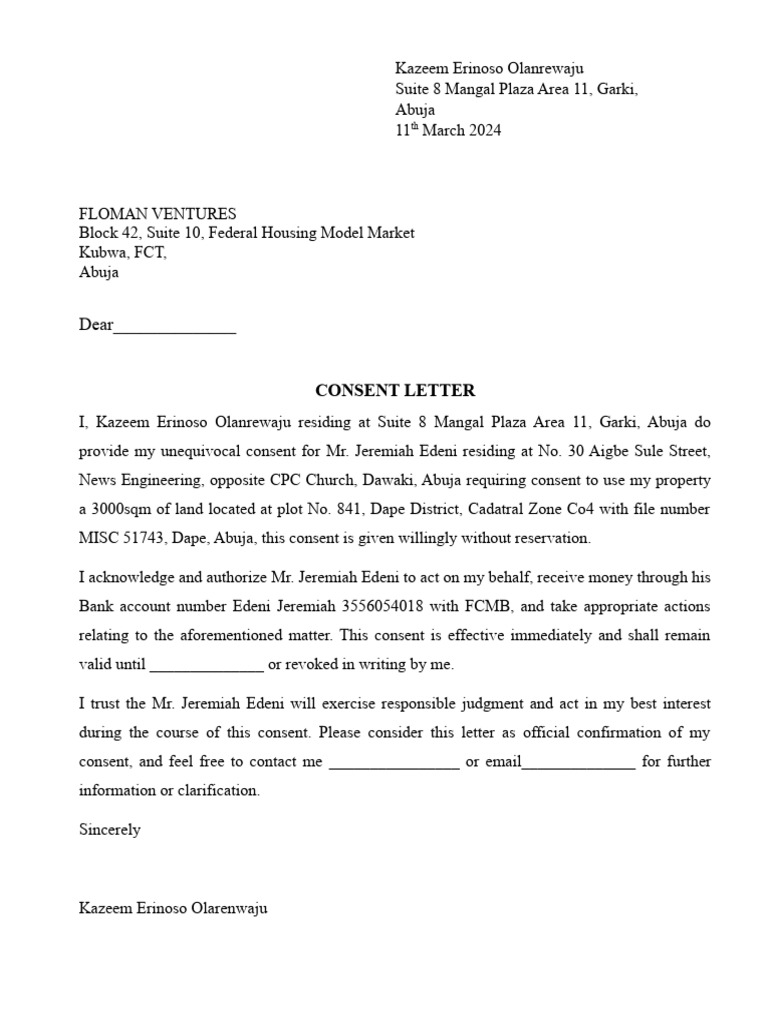 Consent Letter for Property Use | PDF