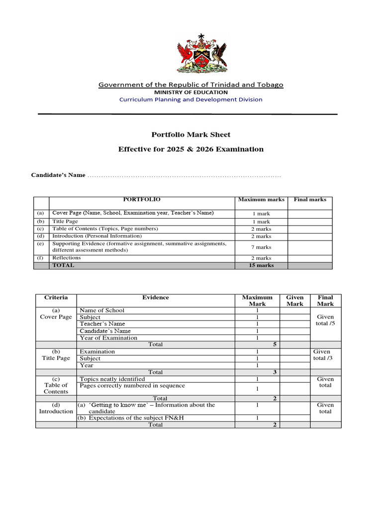FNH Portfolio Mark Sheet | PDF | Foods | Food And Drink Preparation