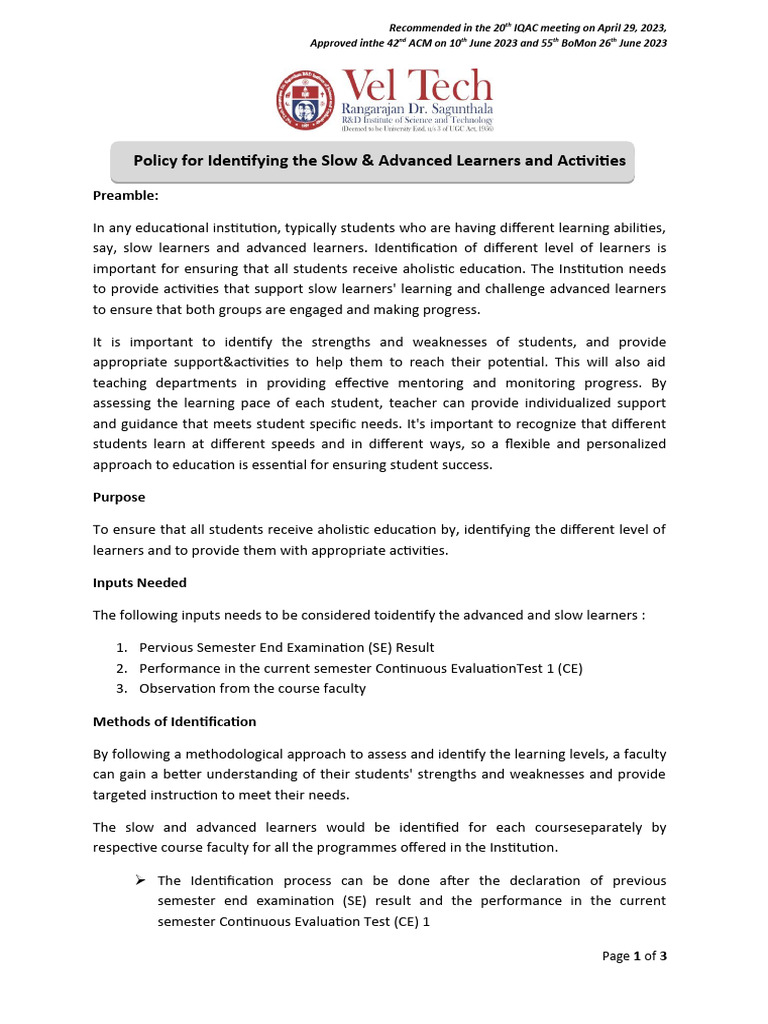 Policy of Slow and Fast Learners | Download Free PDF | Learning ...