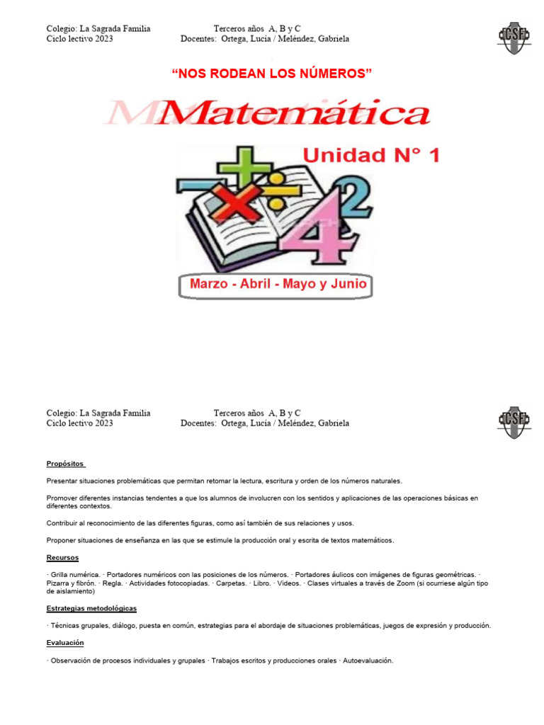 Unidad 1 Mate 3ros Años 2023 | PDF | Enseñando