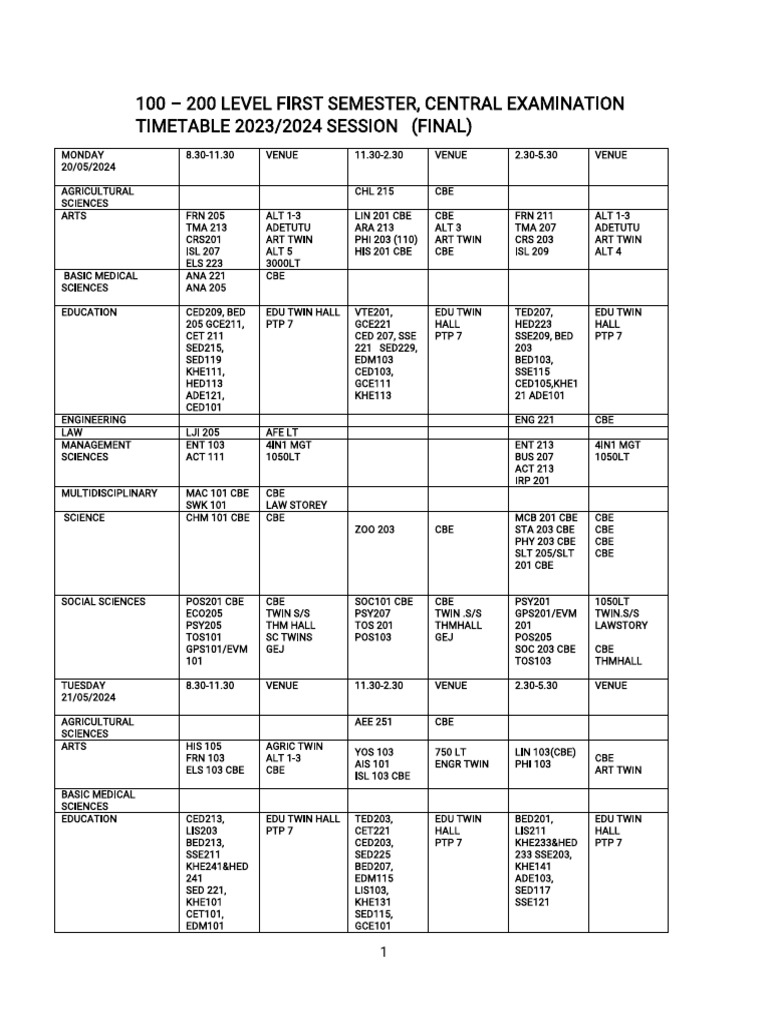 Exam Timetable for 100-200 Level Students | PDF
