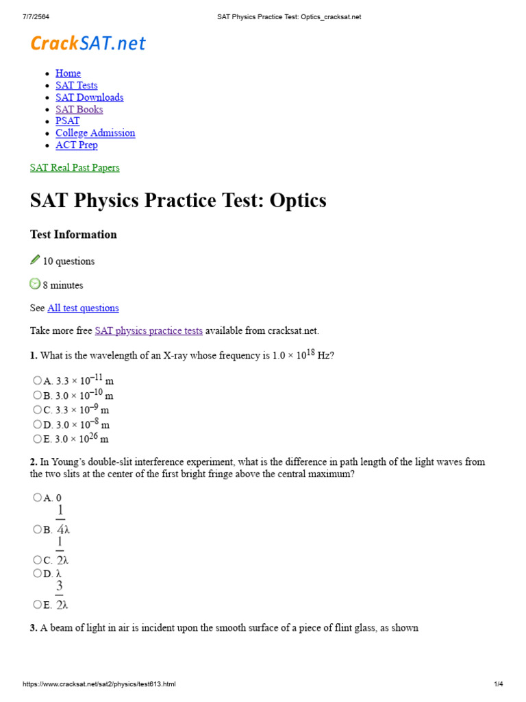 SAT Physics Practice Test - Optics | PDF | Wavelength | Mirror