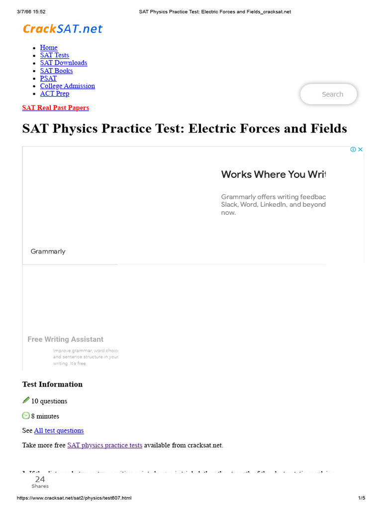 SAT Physics Practice Test - Electric Forces and Fields | PDF | Sat | Force