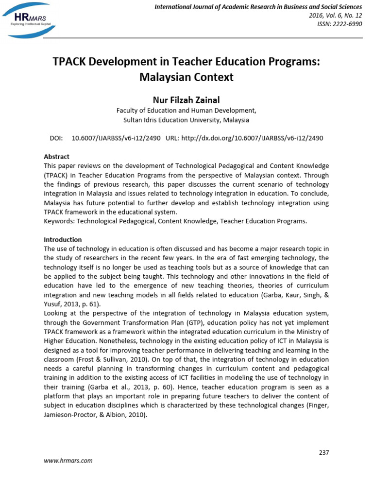 TPACK Development in Teacher Education Programs Malaysian Context | PDF | Educational Technology ...