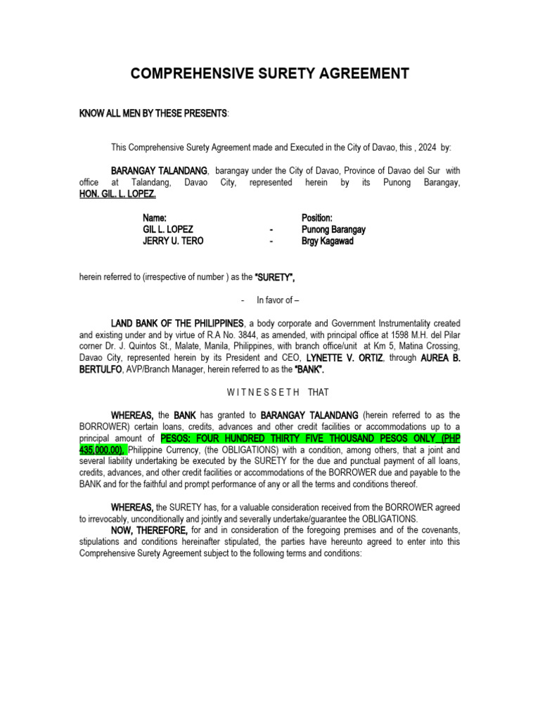 Comprehensive Surety Agreement Brgy Baliok | PDF | Guarantee | Business Law
