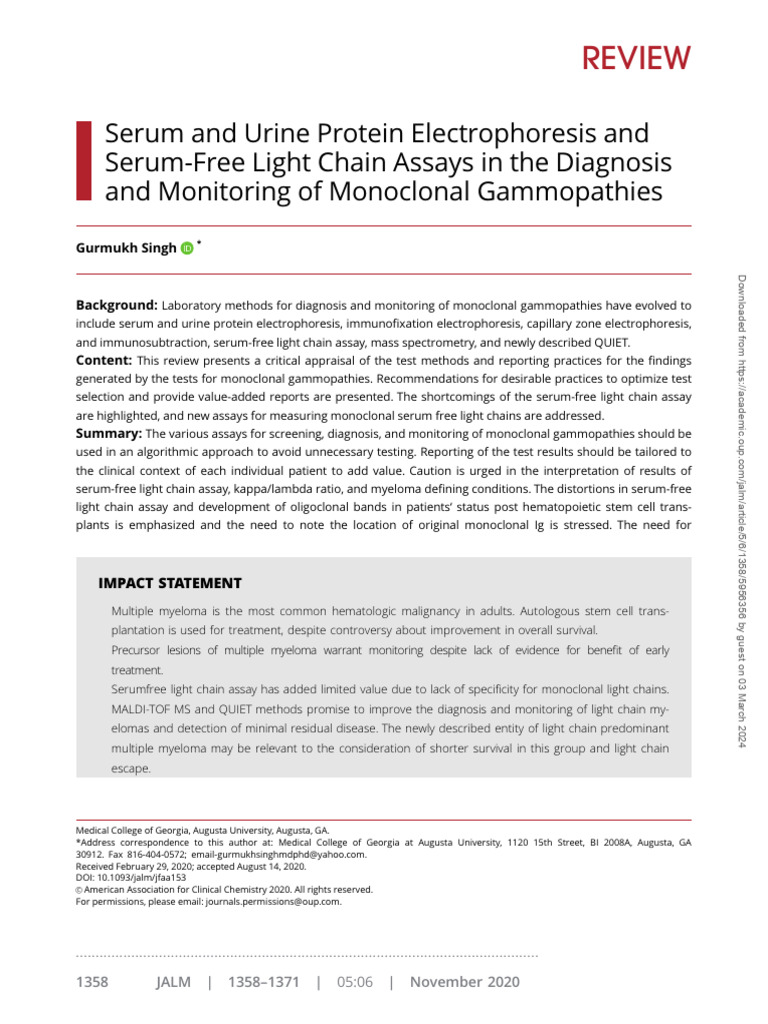 SPEP - UPEP - SFLCA in Diagnostic and Monitoring of Gammapathies | PDF ...