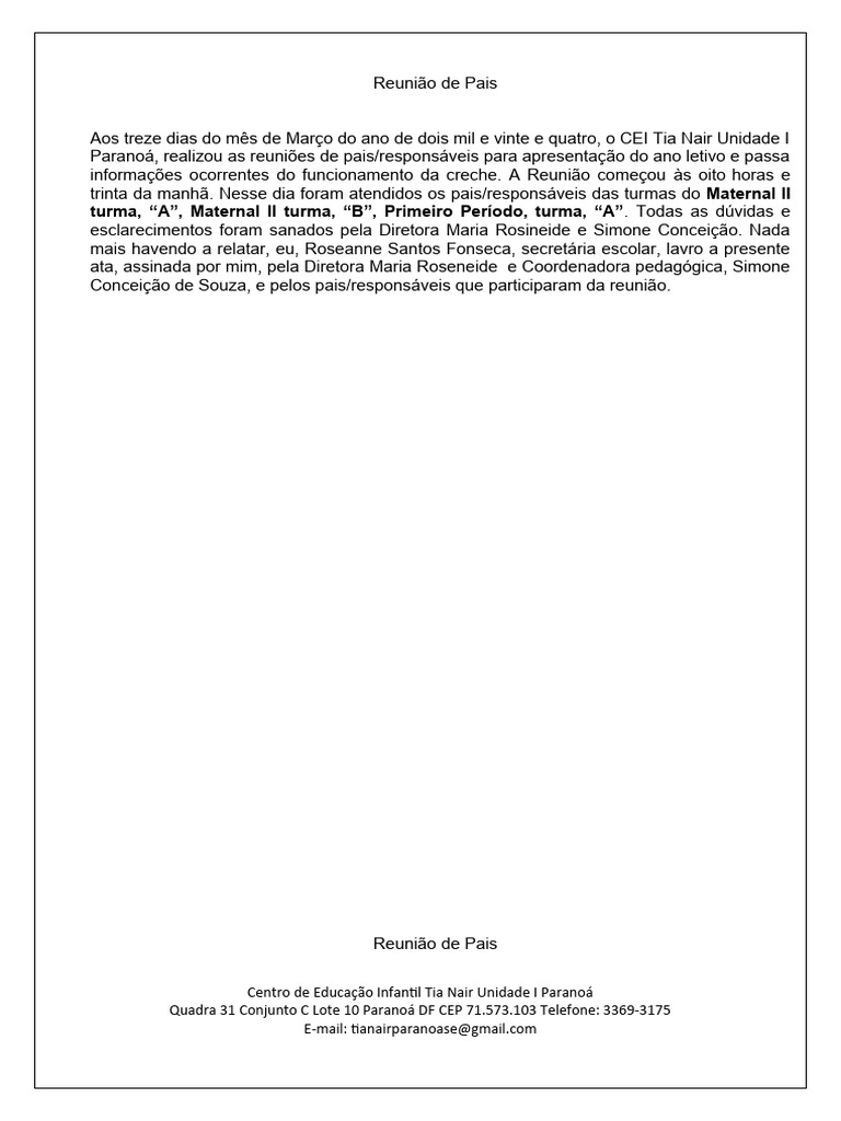 Ata da Reunião de Pais 2024 | PDF | Pedagogia