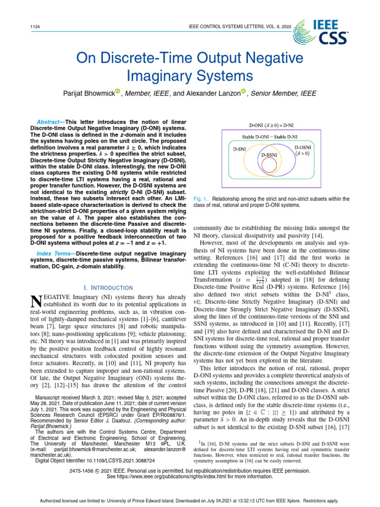 On Discrete-Time Output Negative Imaginary Systems | PDF | Functions And Mappings | Linear Algebra