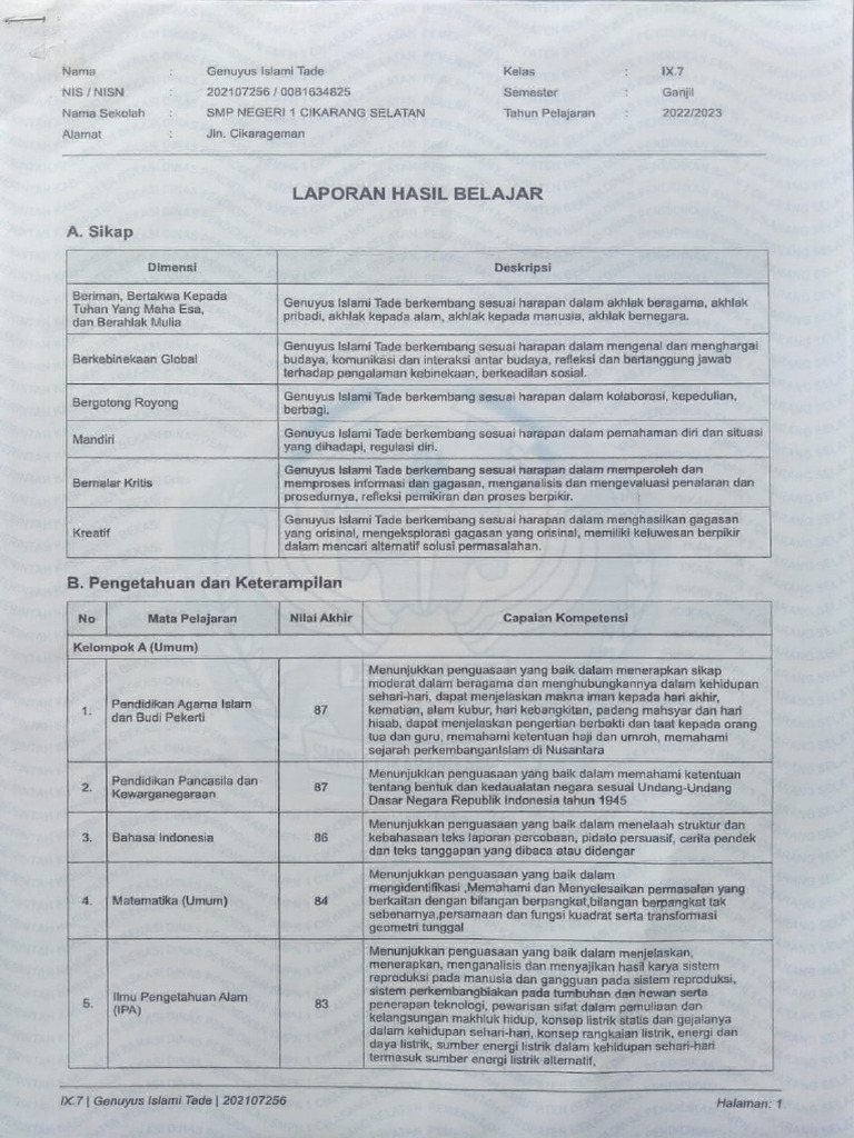 Rapot Semester 5 - Genuyus Islami Tade | PDF