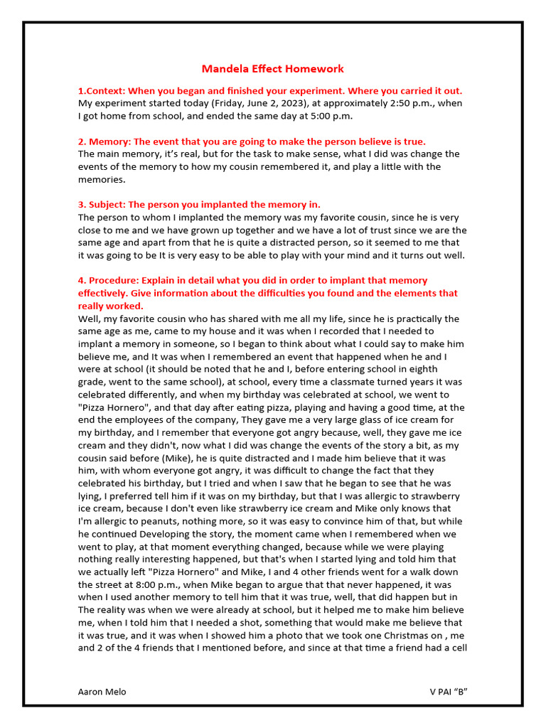 Mandela Effect Homework | PDF | Memory