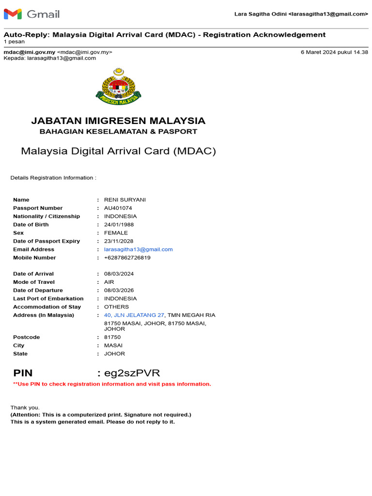 RENI SURYANI - Auto-Reply Malaysia Digital Arrival Card (MDAC ...