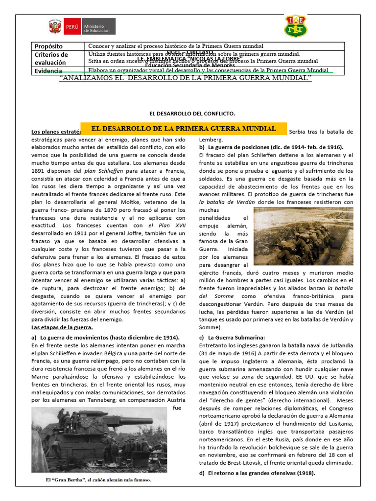 FICHA - DESARROLLO Primera Guerra Mundial 4to | PDF | Primera Guerra ...