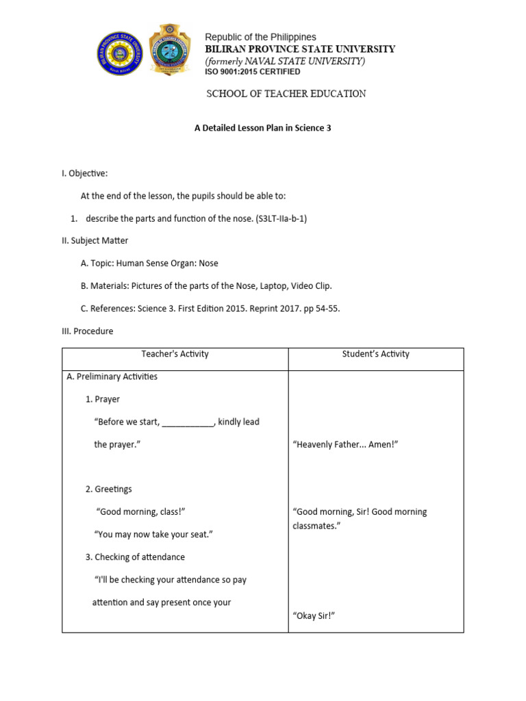 Science 3 Lesson Plan: The Nose Parts | PDF | Human Nose | Rhinology