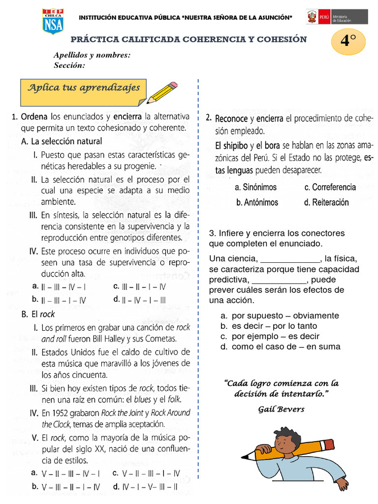 4to Sec PRACTICA COHERENCIA Y COHESION | PDF | Cognición