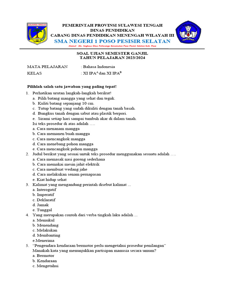 Soal Ujian Semester Ganjil 2023-2024 (Xi) | PDF