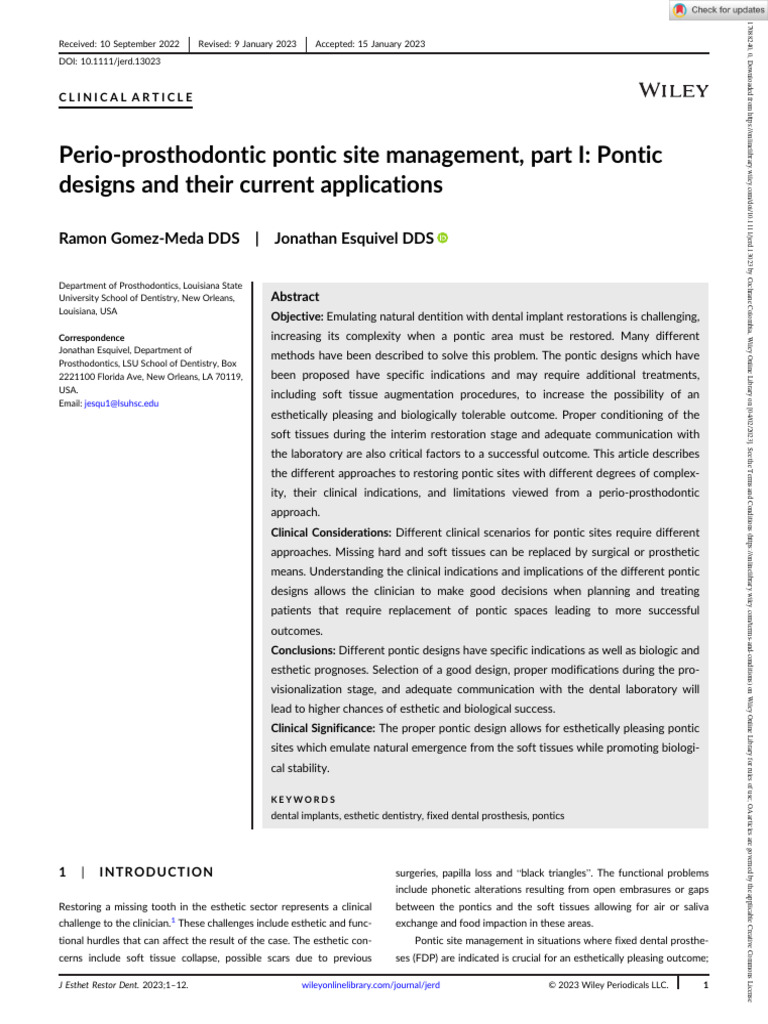 2023 Perioprosthodontic Pontic Site Management Part I Pontic Designs ...