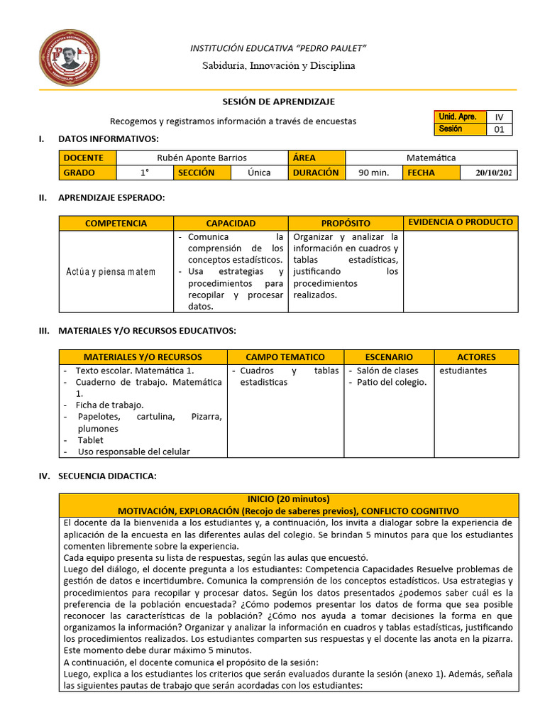 Sesion Aprendizaje Matematica 1° | PDF | Estadísticas | Aprendizaje