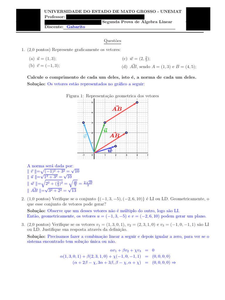 2º Prova Gabarito Álgebra Linear Pdf Espaço Vetorial Álgebra