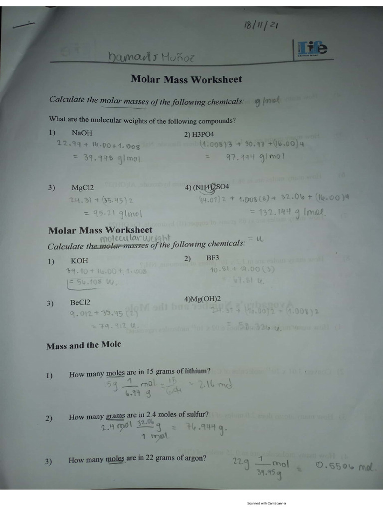 Molar Mass Worksheet | PDF