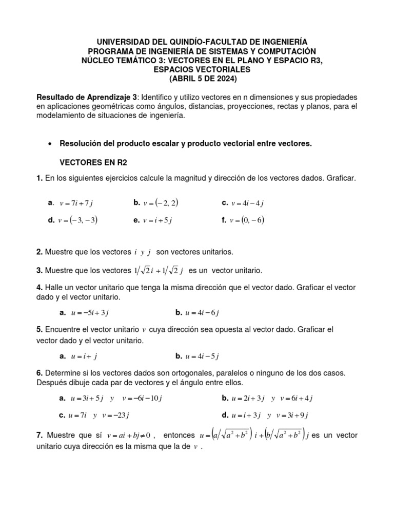 Taller 3. Nucleo Temático 3- Vectores en El Plano y Espacio r3 Espacios Vectoriales-20241 | PDF ...