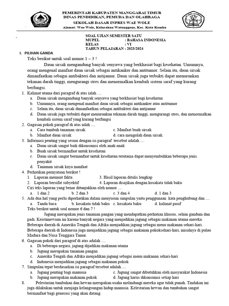 Soal Bindo Kls 6 Sem. 1 2023.2024 | PDF | Perjalanan | Griya & Taman
