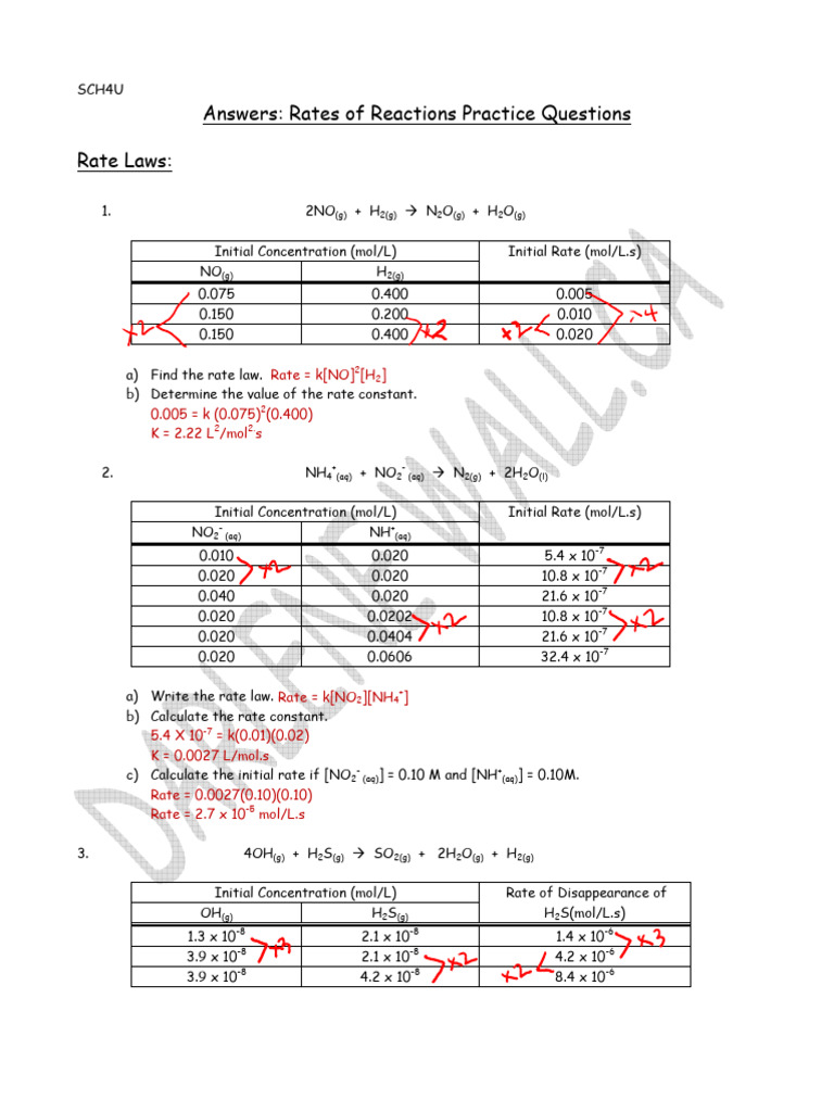 Answers Rates of Reactions Practice Questions | PDF | Reaction Rate ...