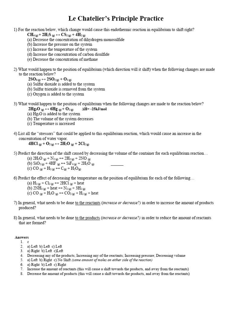 Le Chatelier Practice | PDF | Chemical Reactions | Chemical Equilibrium