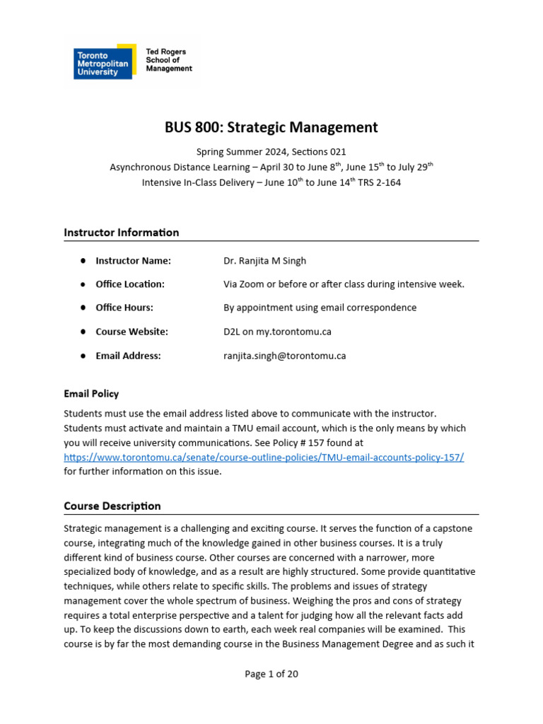 BUS 800 Summer 021 Course Outline | PDF | Strategic Management | Turnitin