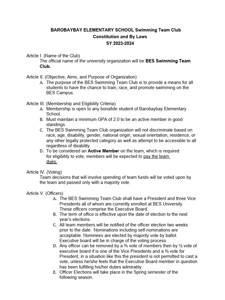 Butler Club Swim Team Constitution and Bylaws | PDF | Board Of ...
