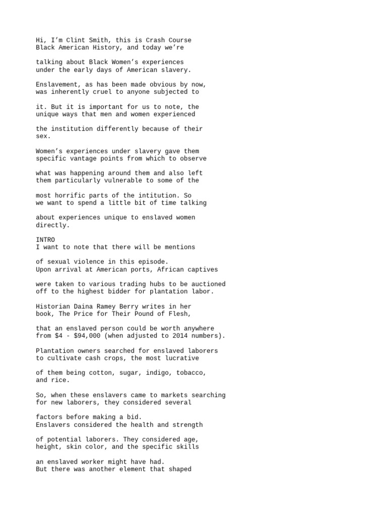 (English) Women's Experience Under Slavery - Crash Course Black ...