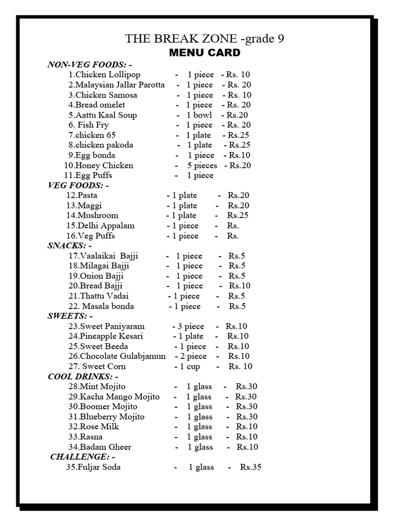 THE BREAK ZONE Class 9 Menu Card | PDF