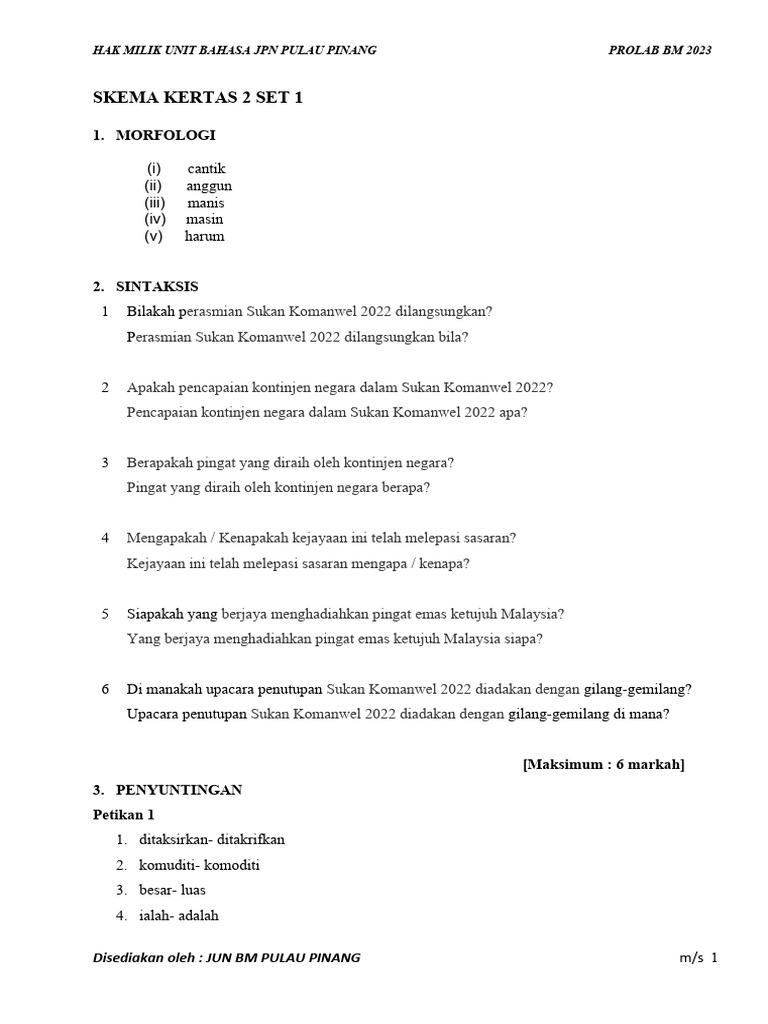 Skema Jawapan Kertas 2 Set 1 | PDF