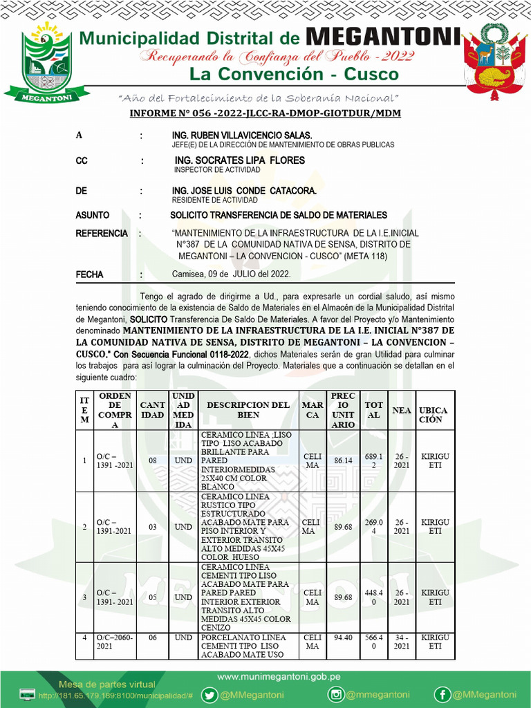Acta de Transferencia de Materiales para Inicial N°387 - Sensa | PDF ...