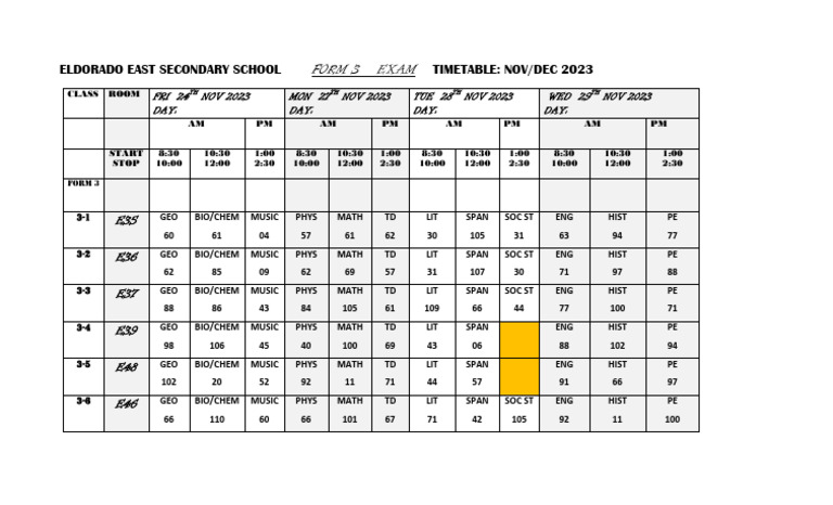 Form 3 Exam Timetable Nov/Dec 2023 | PDF