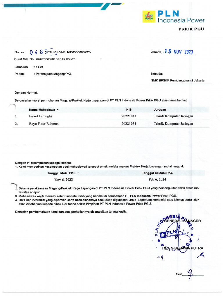 Scan Surat PKL TKJ 1 | PDF