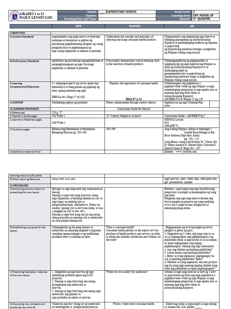 Daily Lessom Plan Epp, Mapeh AP | PDF